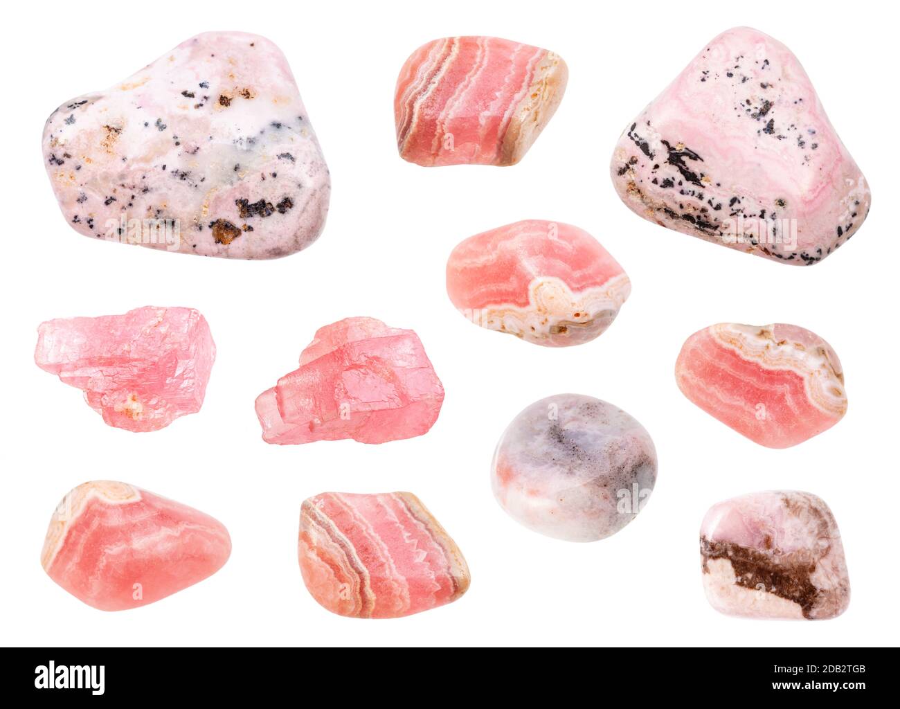 set of various Rhodochrosite gemstones isolated on white background ...