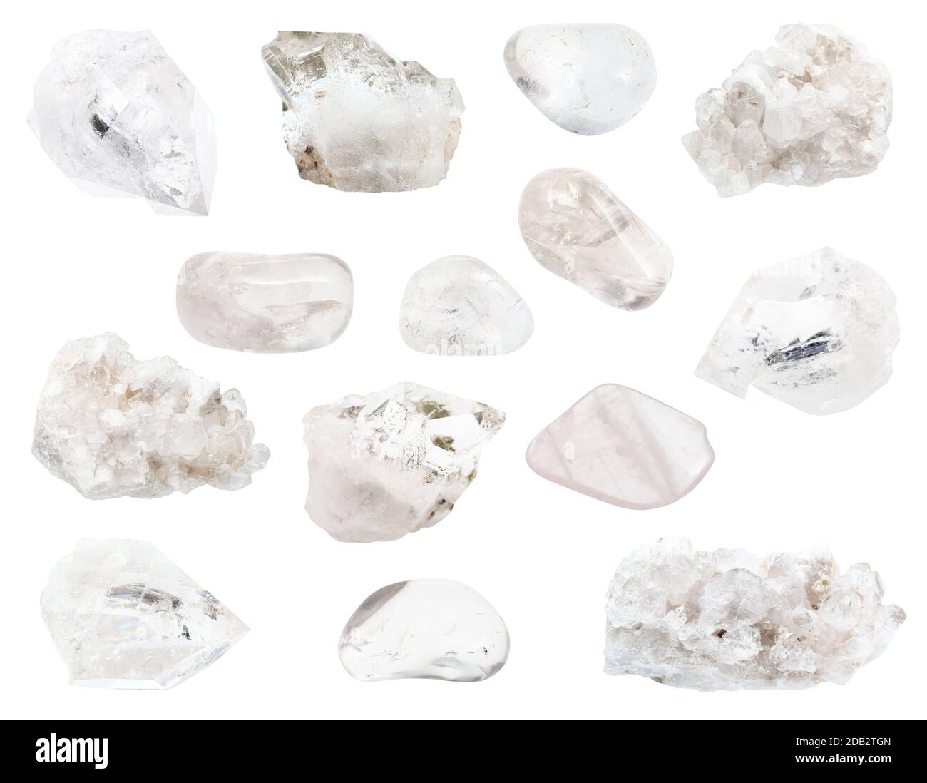 set of various colorless Rock-crystal gemstones isolated on white ...