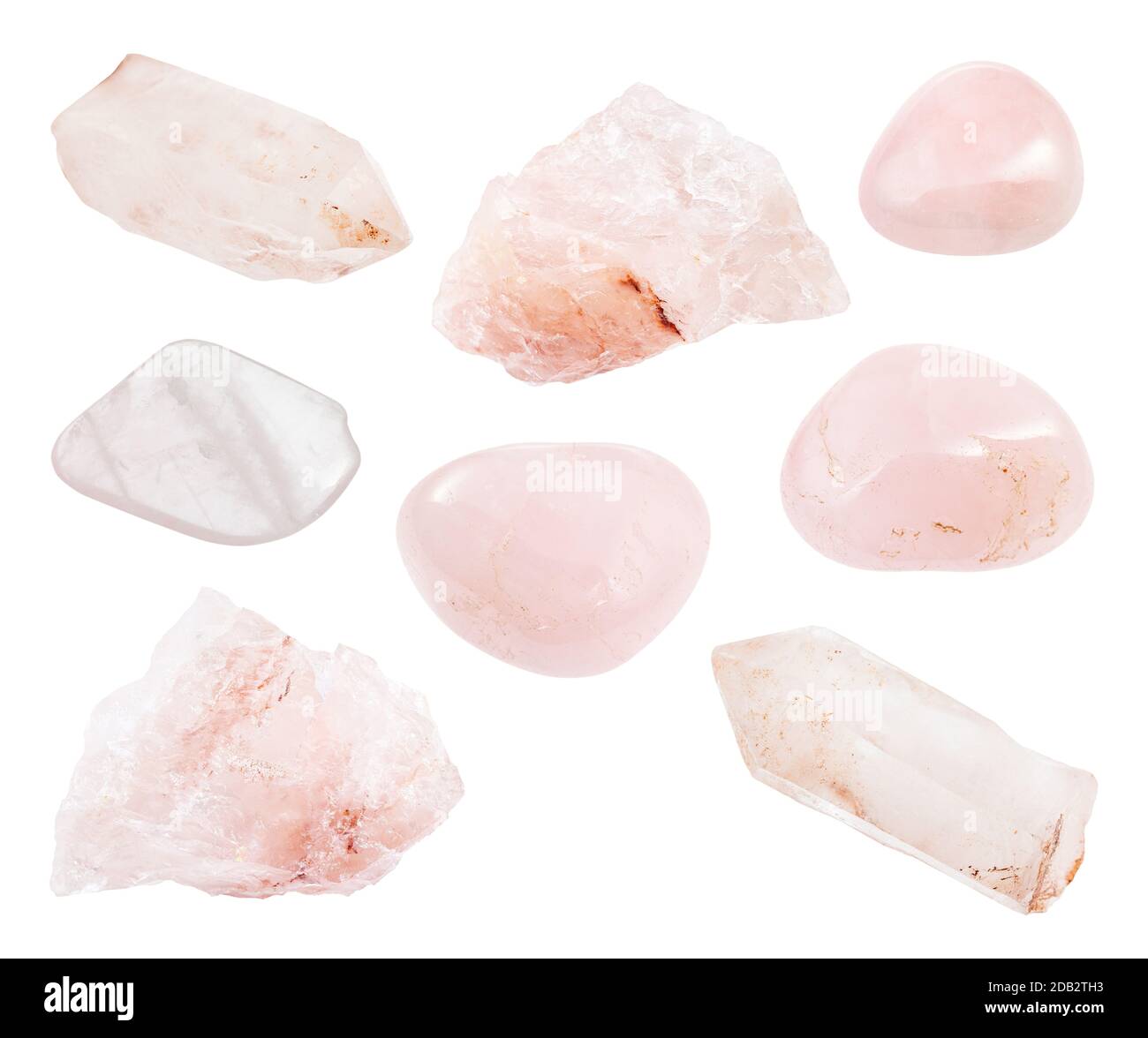 set of various Rose Quartz gemstones isolated on white background Stock ...