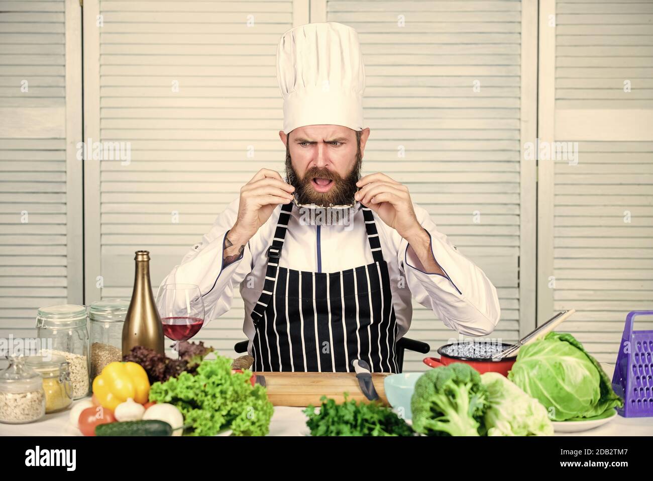 Culinary is exciting. Chef handsome hipster. Get ready. Man bearded ...