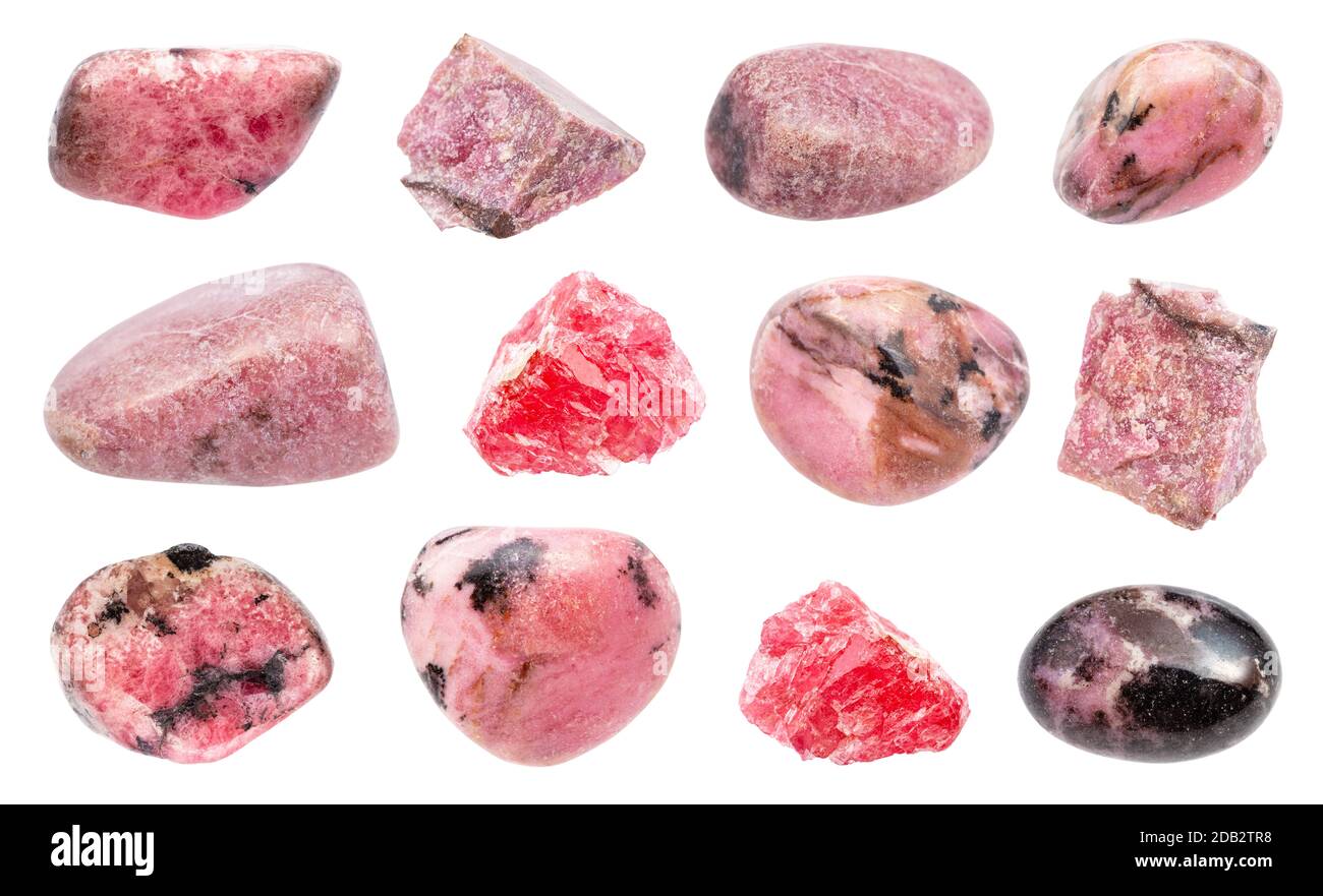 set of various Rhodonite gemstones isolated on white background Stock ...