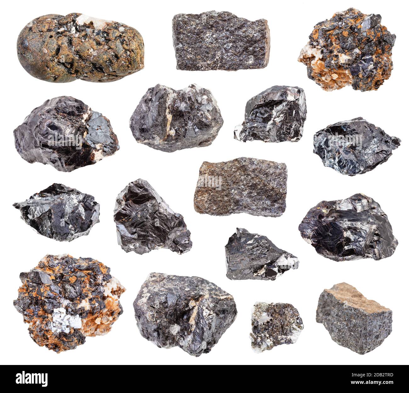 set of various Sphalerite (zink blende) rocks isolated on white ...