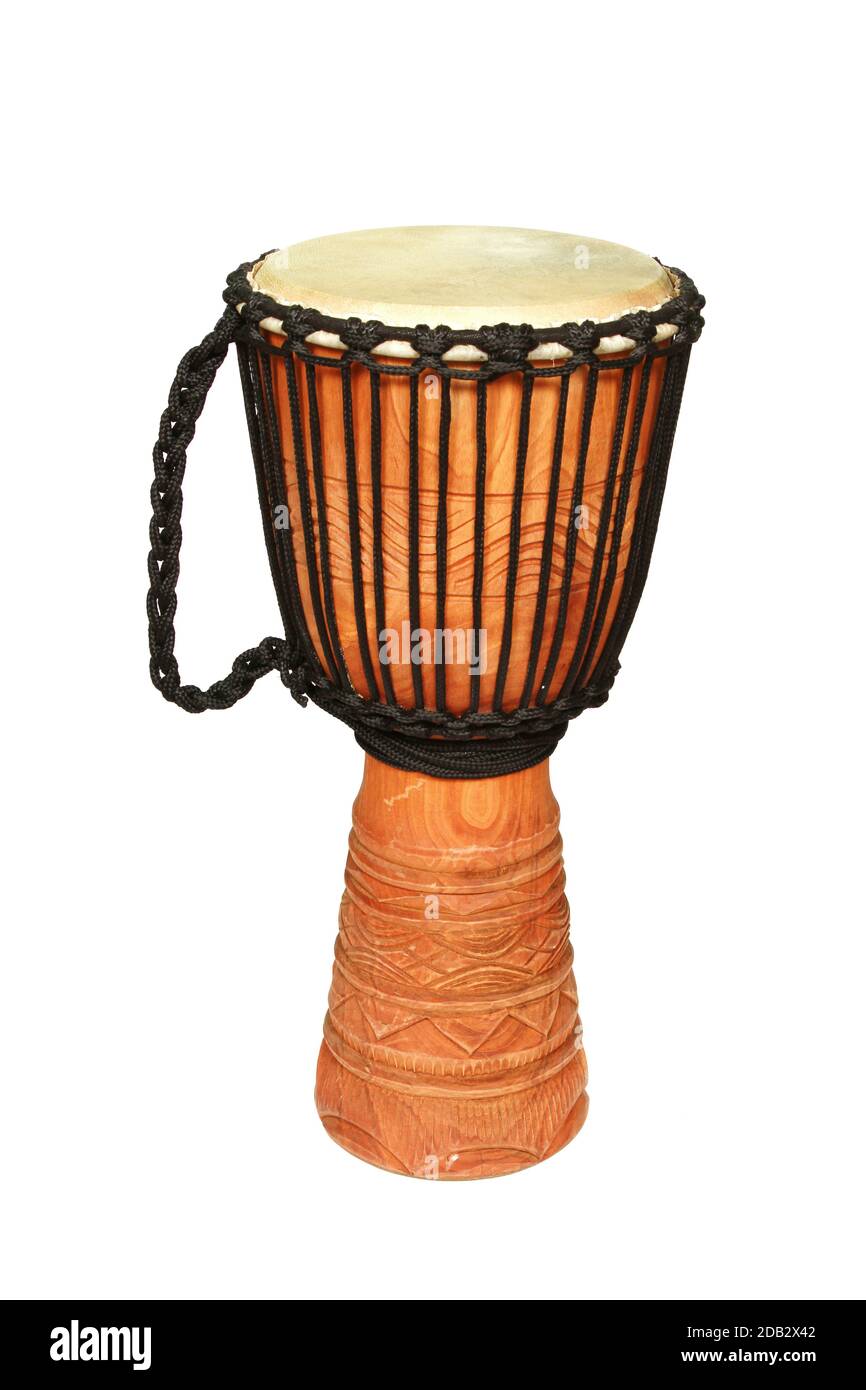 A wooden drum with goatskin, ethnic musical instrument isolated on ...