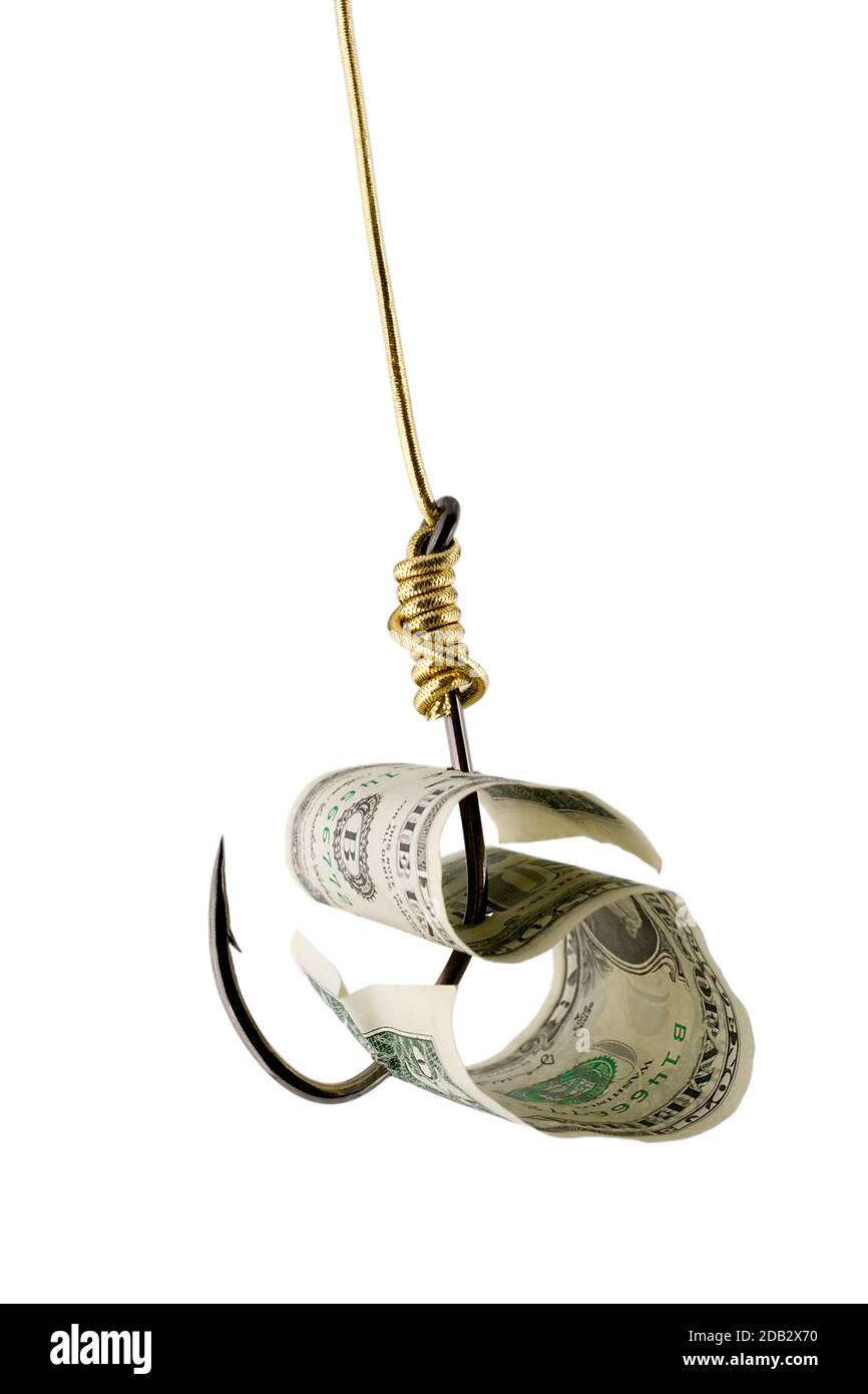 dollar bait on hook golden thread isolated on white Stock Photo - Alamy