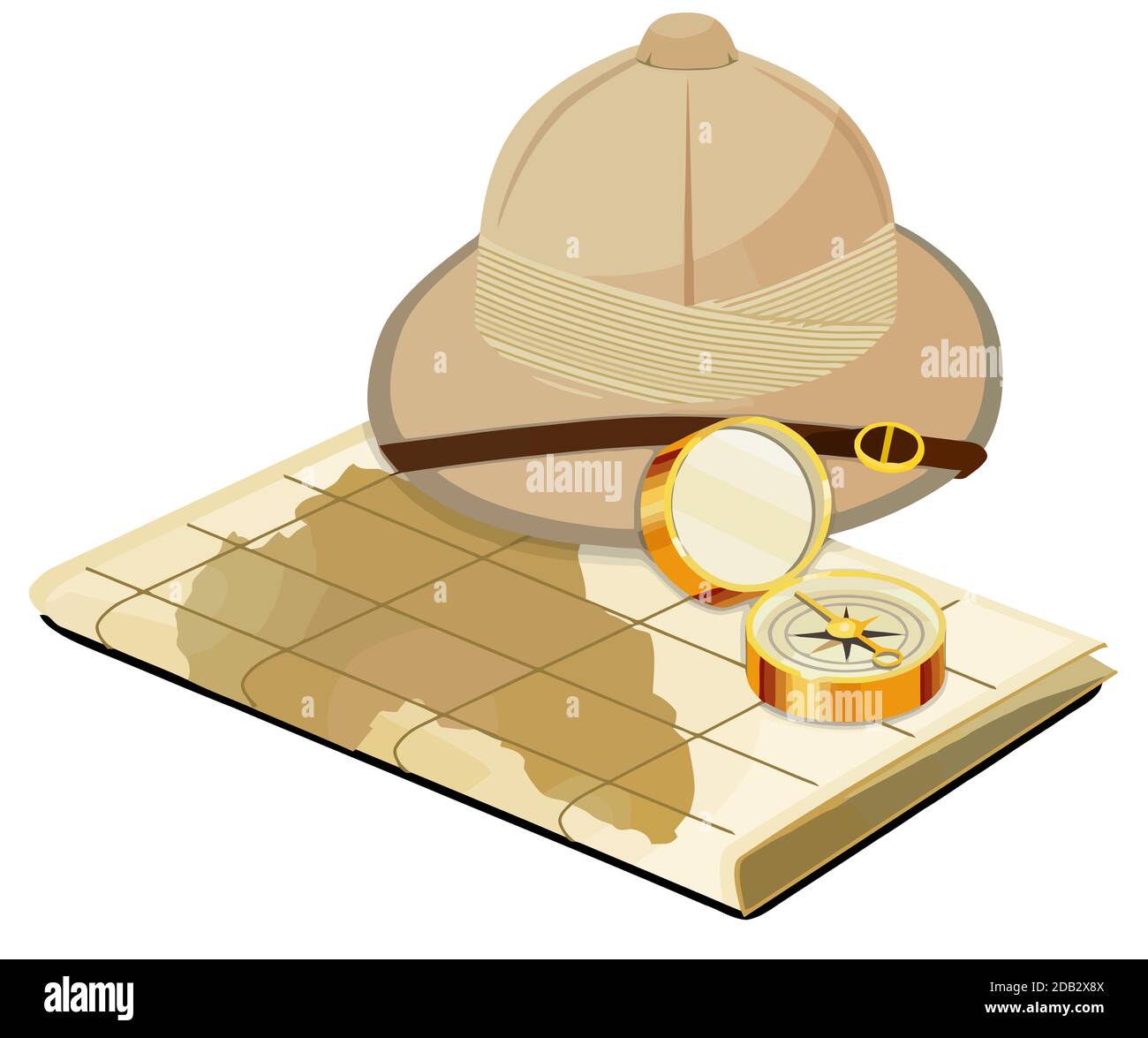 explorer hat compass map safari jungle illustration Stock Photo - Alamy