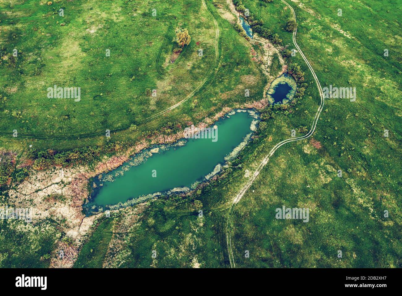 Aerial landscape of blue lake in green field, top view of beautiful ...