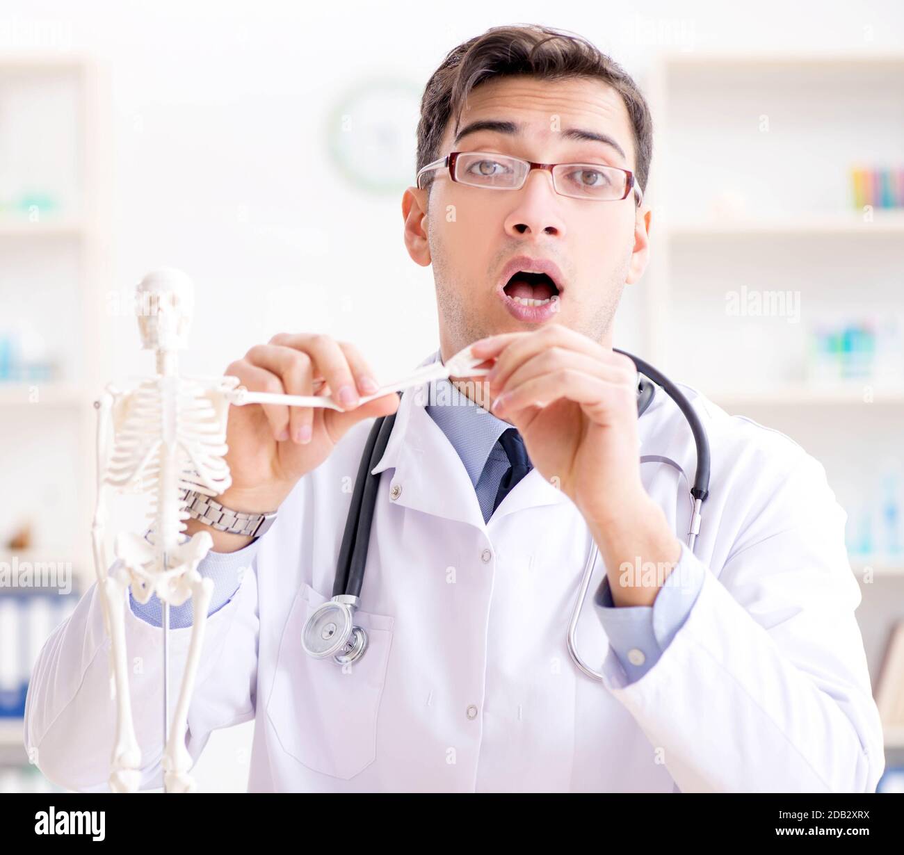 The doctor explaining human body on skeleton Stock Photo - Alamy
