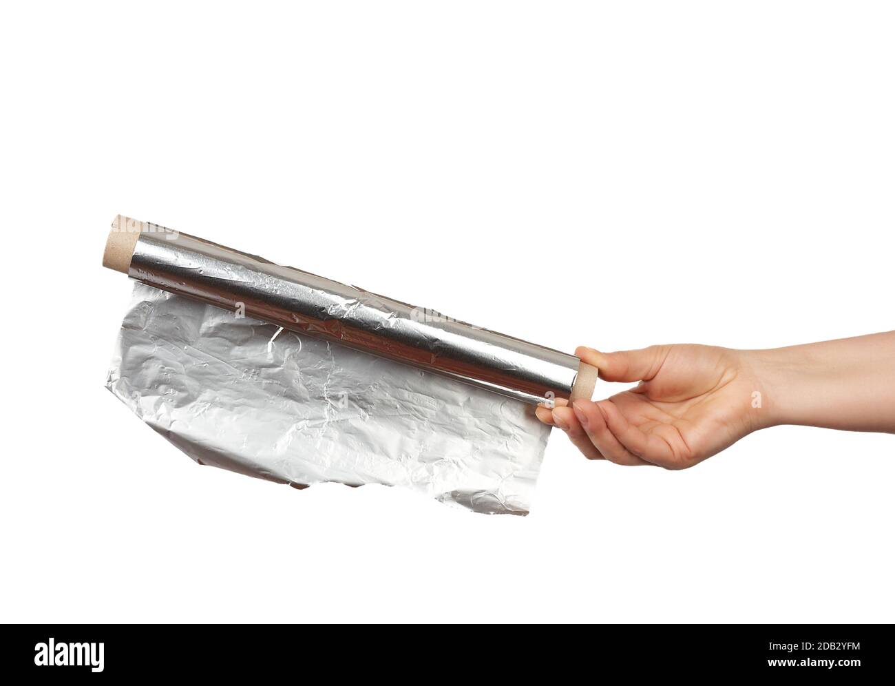 hand holds a roll with twisted gray shiny foil on a white background ...