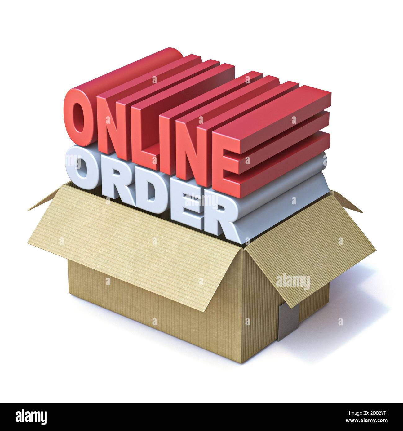 Text ONLINE ORDER in cardboard box 3D render illustration isolated on ...