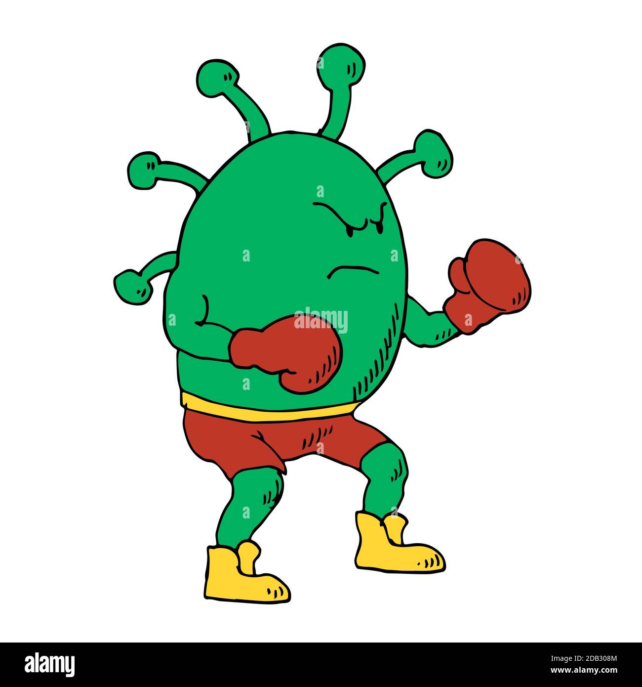 Covid-19 virus with boxing gloves. Cartoon villain caricature. Green ...