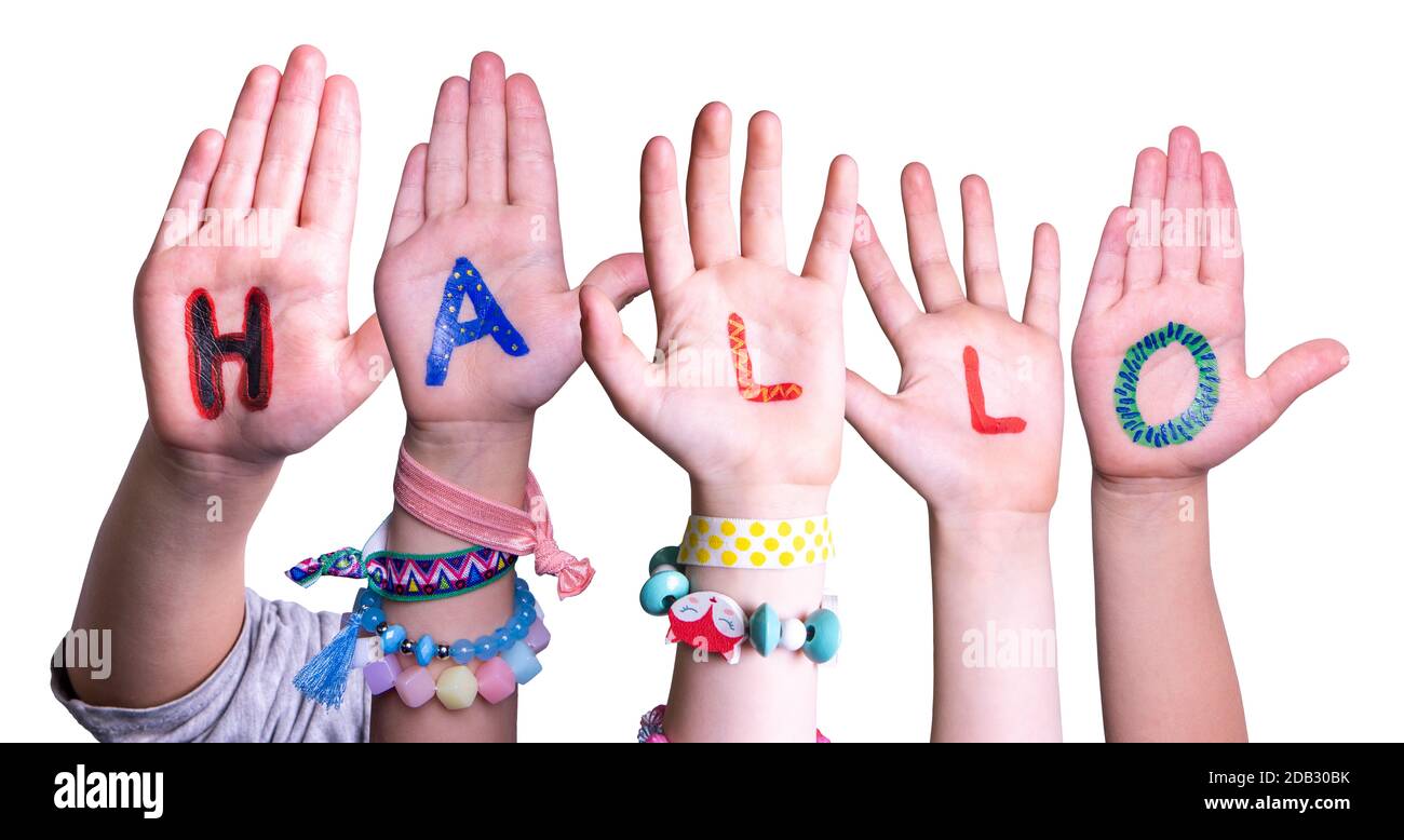Children Hands Building Colorful German Word Hallo Means Hello. White ...
