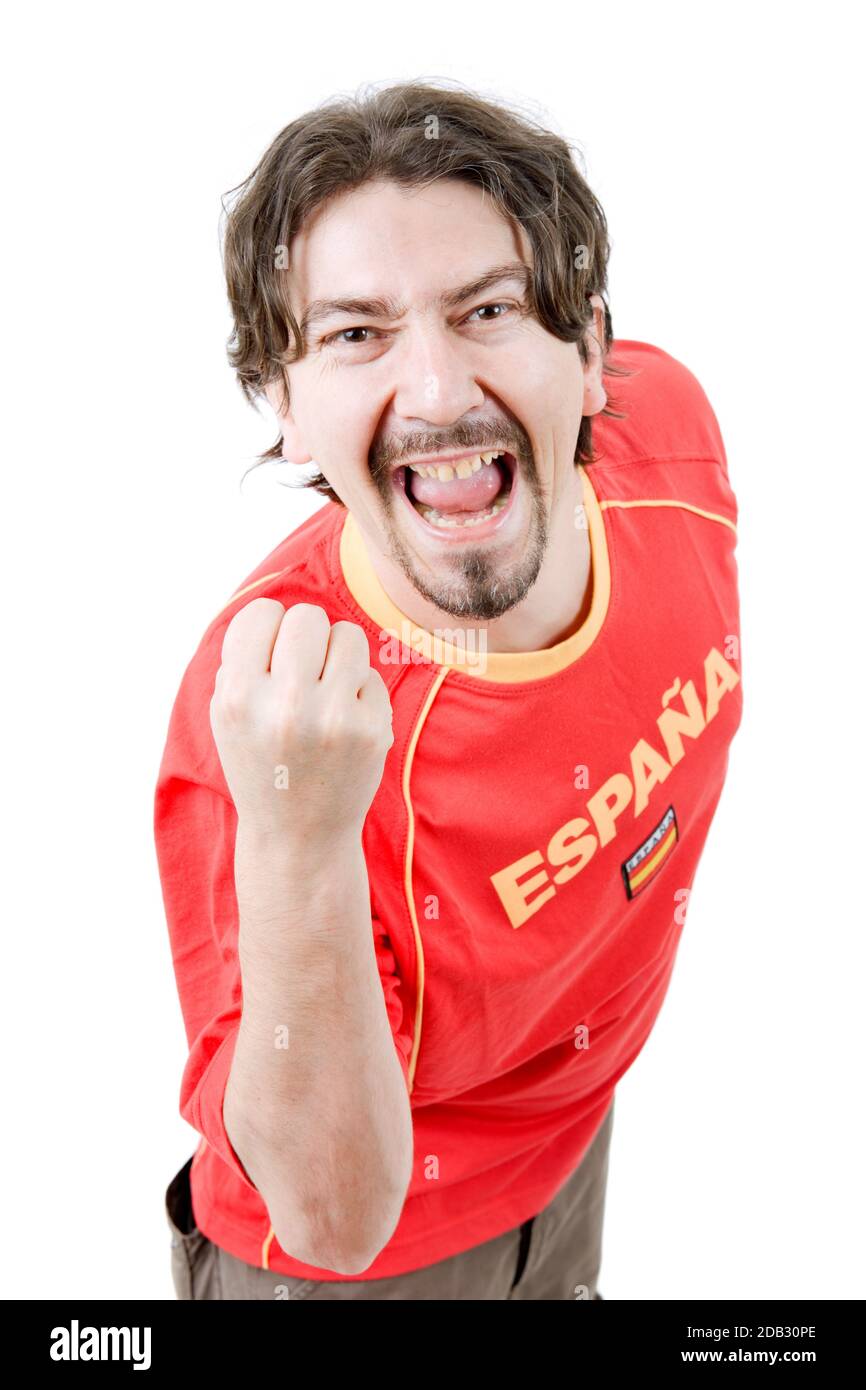 happy spanish man supporter, isolated on white Stock Photo - Alamy