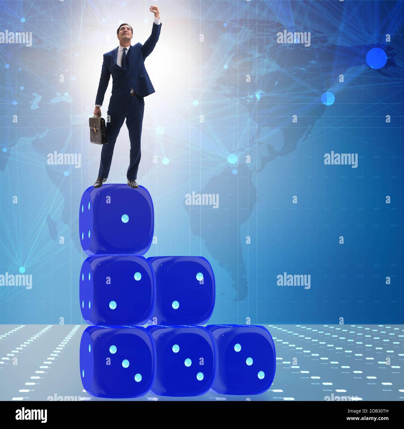 Businessman balancing on top of dice stack in uncertainty concept Stock ...