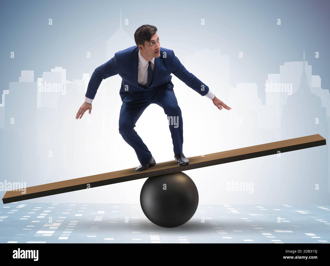 The businessman trying to balance on ball and seesaw Stock Photo - Alamy
