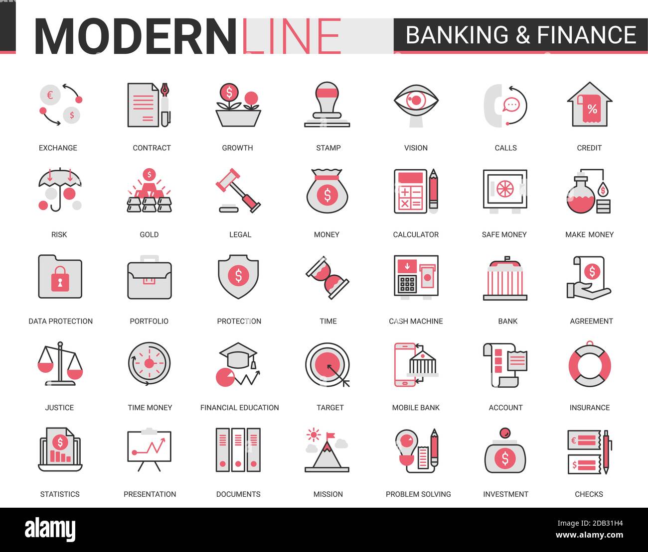 Finance and banking flat thin red black line icons vector illustration ...