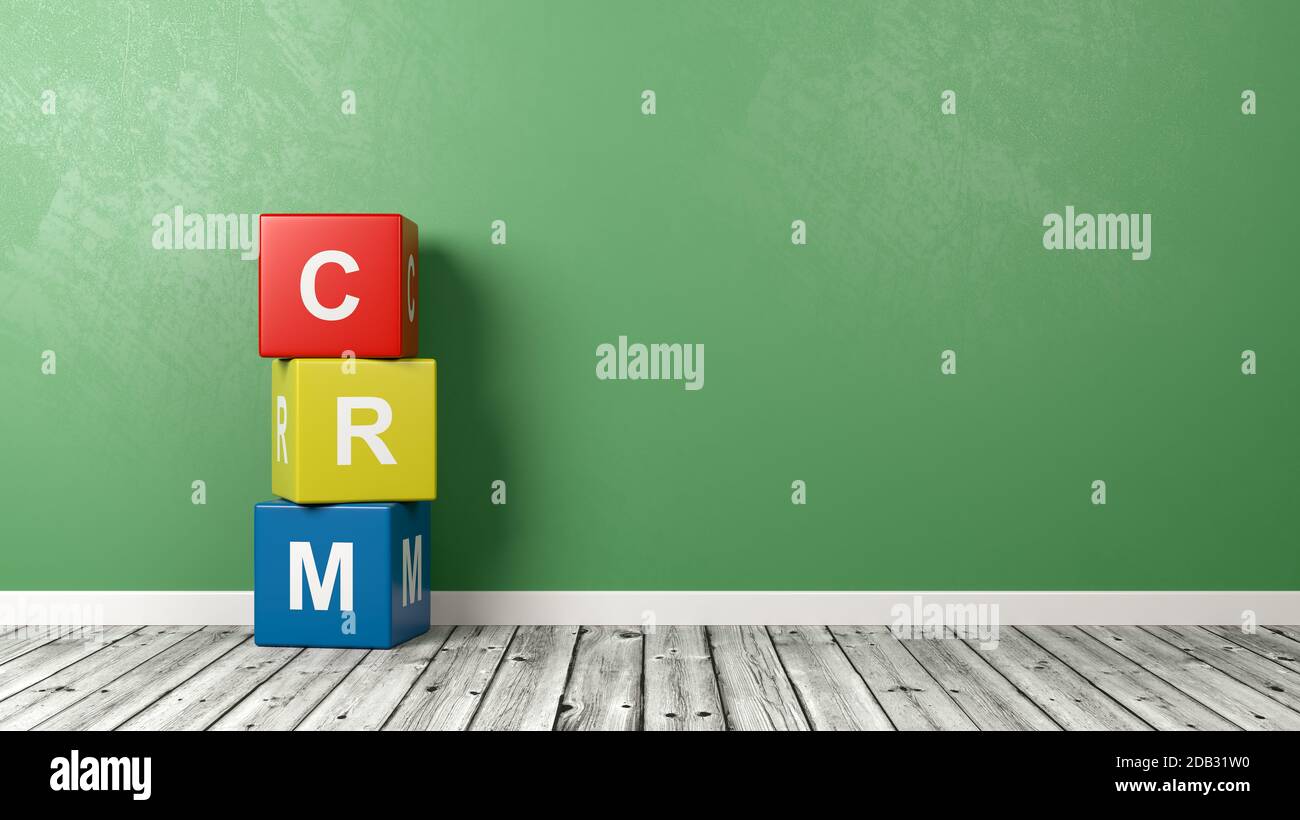 Stack of Colorful Cubes with CRM Text on Wooden Floor Against Green ...
