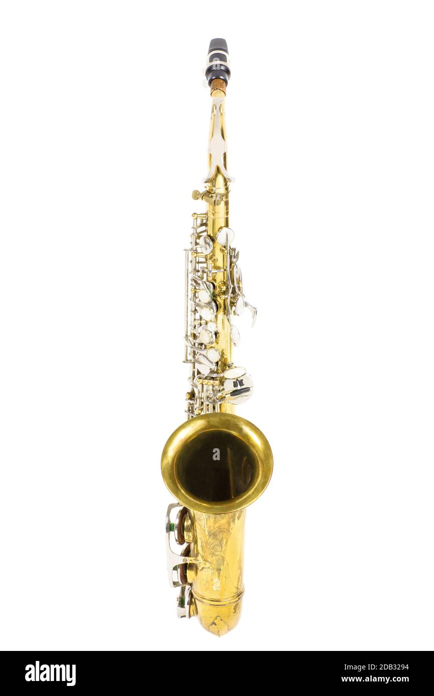 frontal view of a gold and silver brass saxophone in white background ...