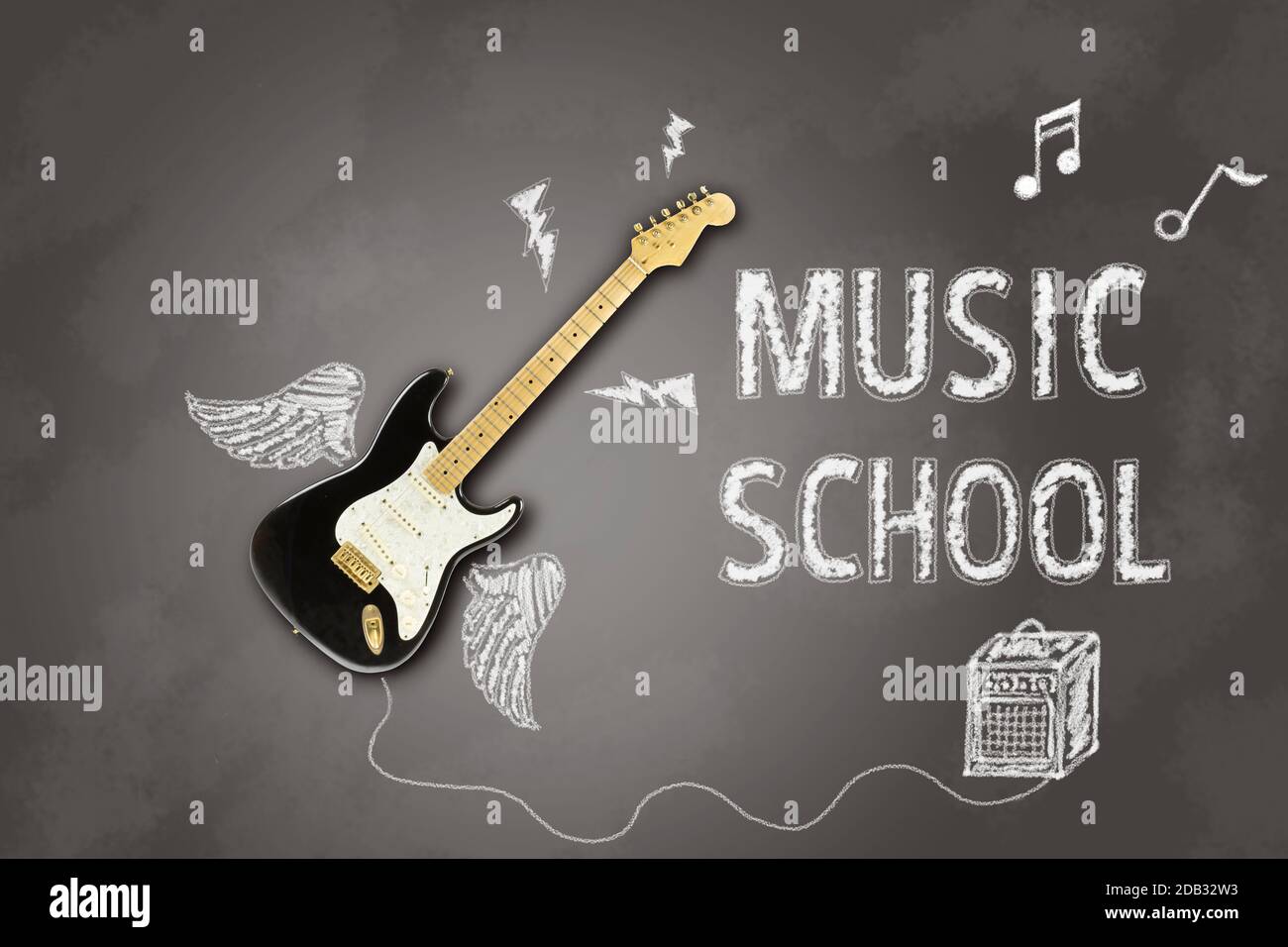 image depicting an electric guitar on a blackboard with announcement ...