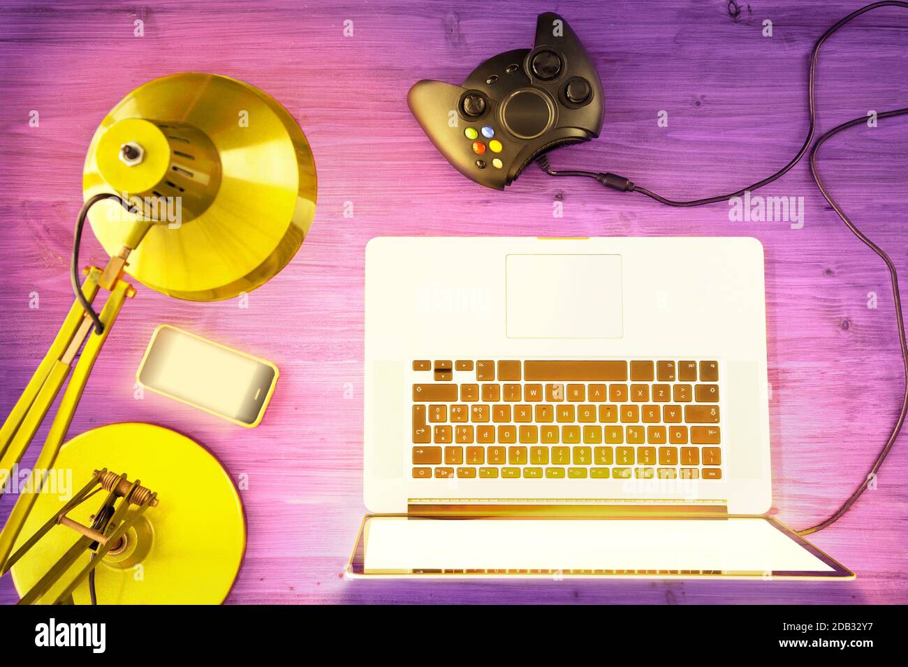 aerial view of a game station in a colored desk Stock Photo - Alamy