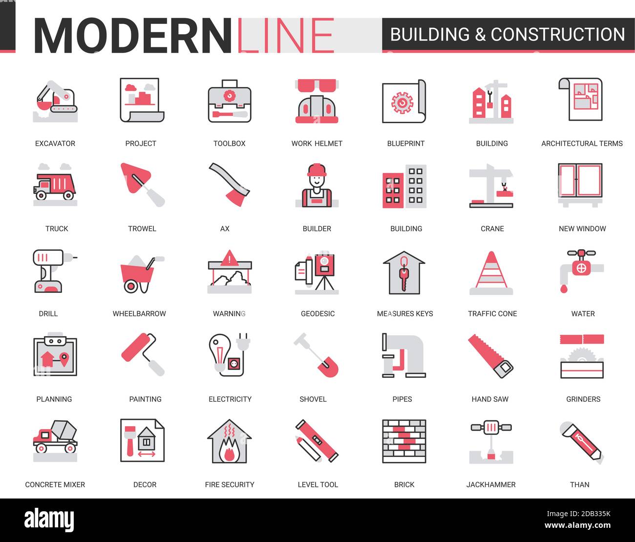 Building construction thin red black line icons vector illustration set ...