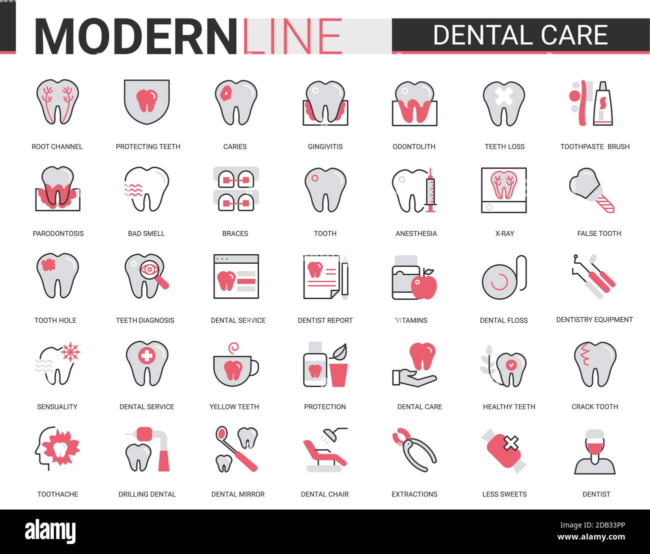 Dental care medicine flat thin red black line icons vector illustration ...