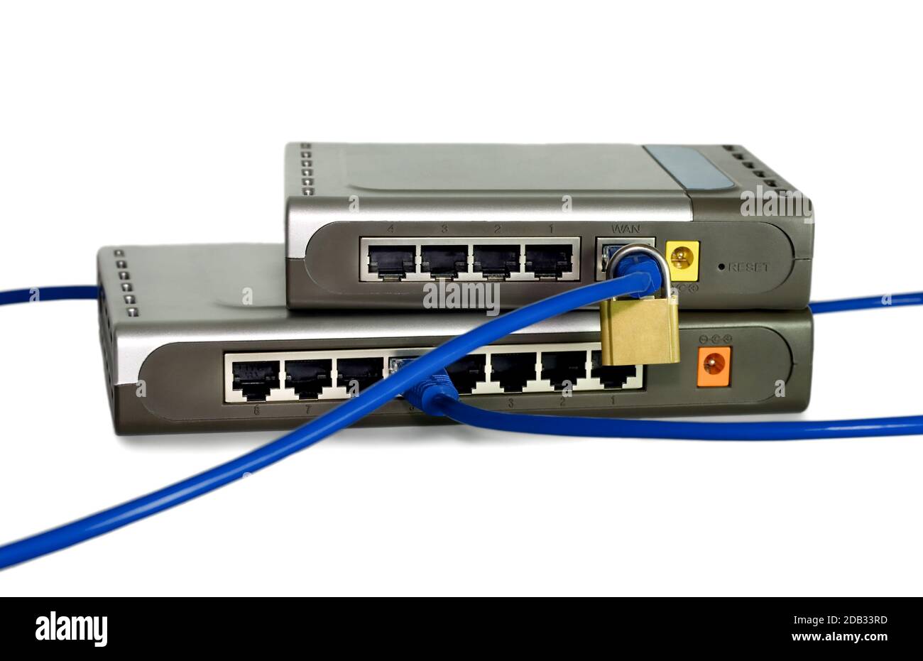 Network cables is run through a lock connected to switch or router ...