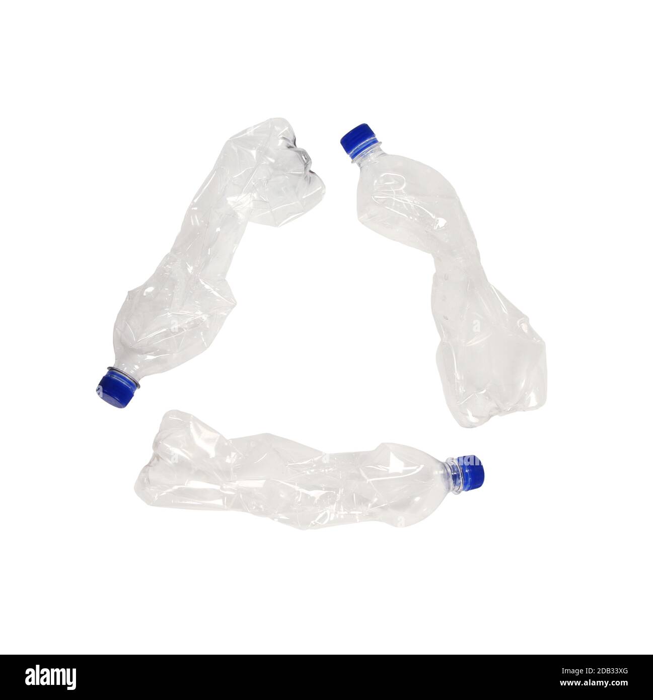 A top view of empty damaged plastic bottles isolated on a white ...