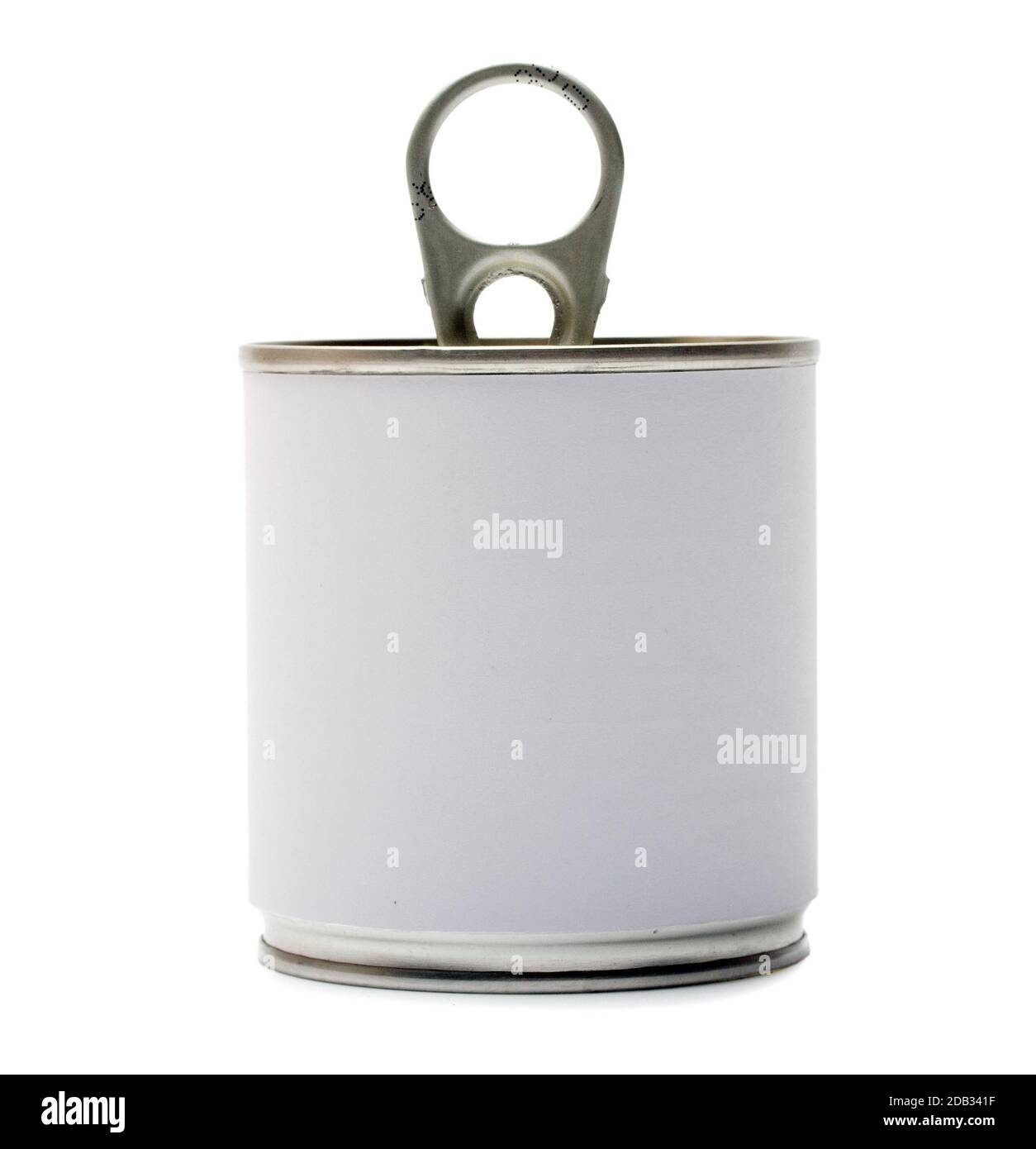 Tin can with blank white Label isolation on a white Stock Photo - Alamy