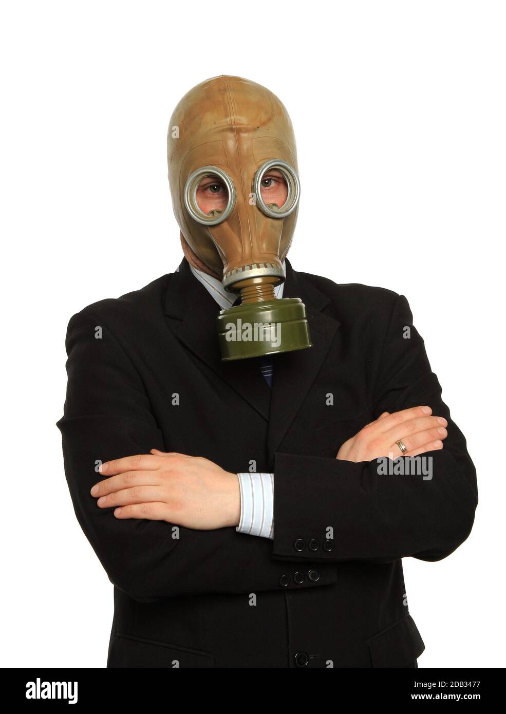 A male wearing a suit and a gas mask on a white background Stock Photo ...