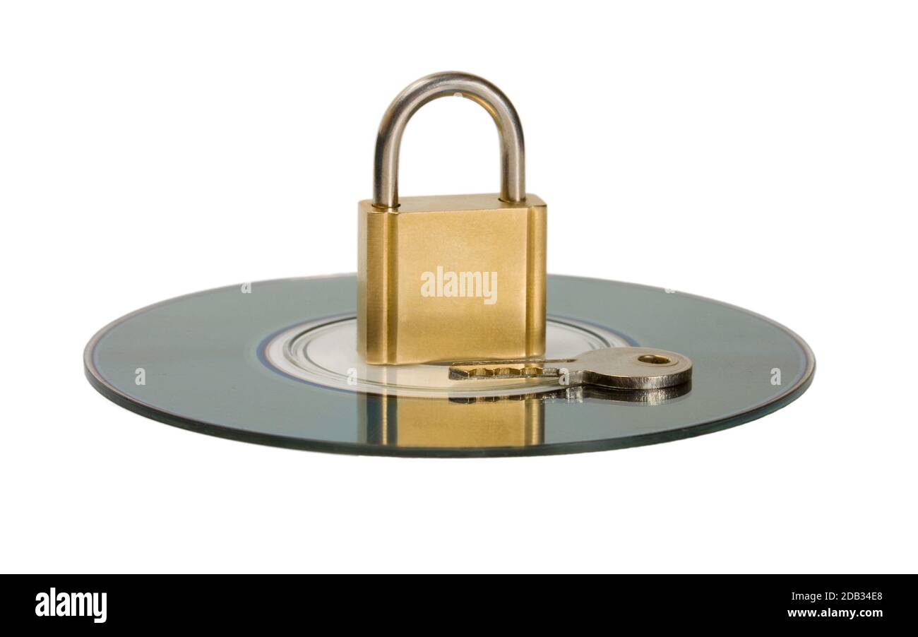 Data Protection CD disc key and lock isolated on white background Stock ...