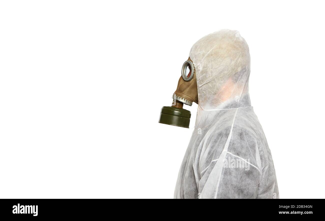 A scientist wearing a gas mask on a white background Stock Photo - Alamy