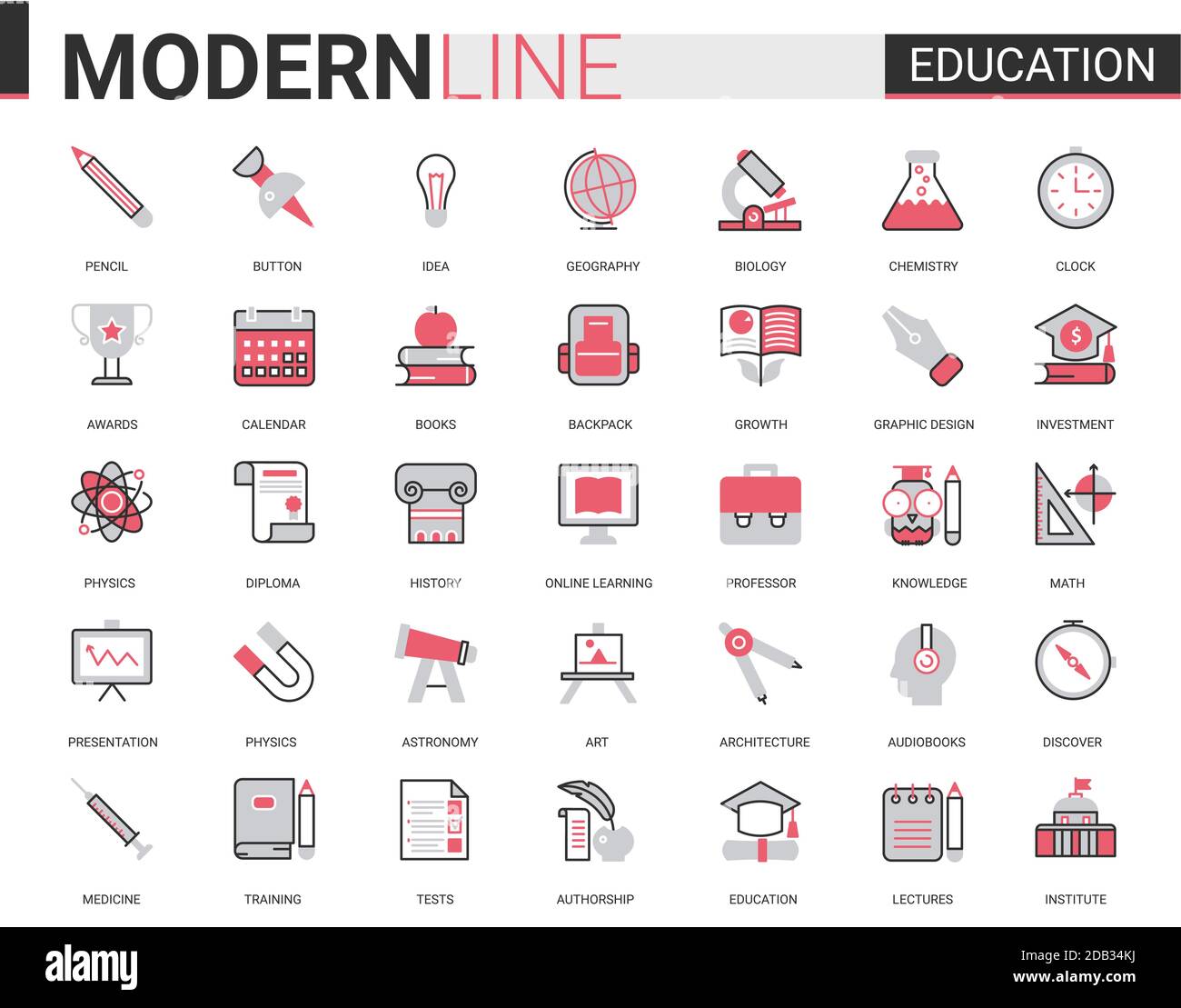 Education flat thin red black line icon vector illustration set with ...