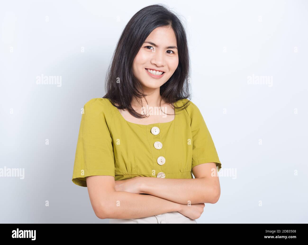 Portrait Asian beautiful young woman standing smile seeing white teeth ...