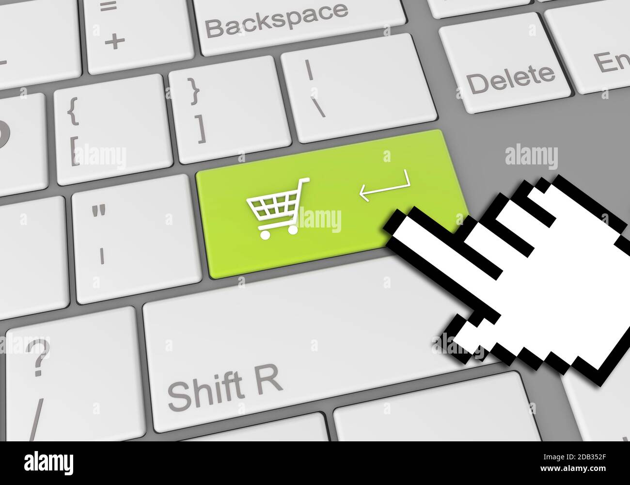 A digital illustration of a mouse clicking on a green cart keyboard ...