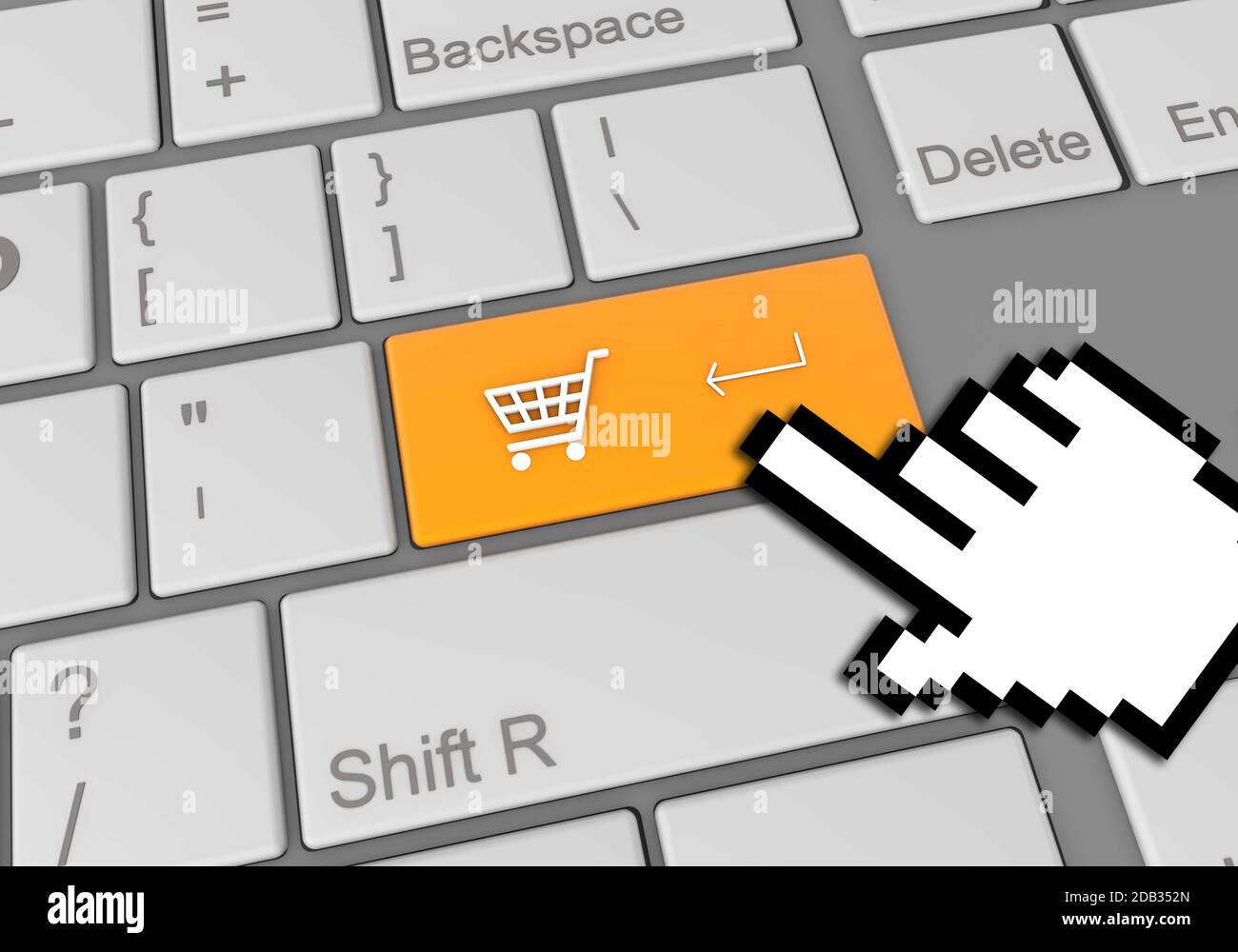 A digital illustration of a mouse clicking on an orange cart keyboard ...