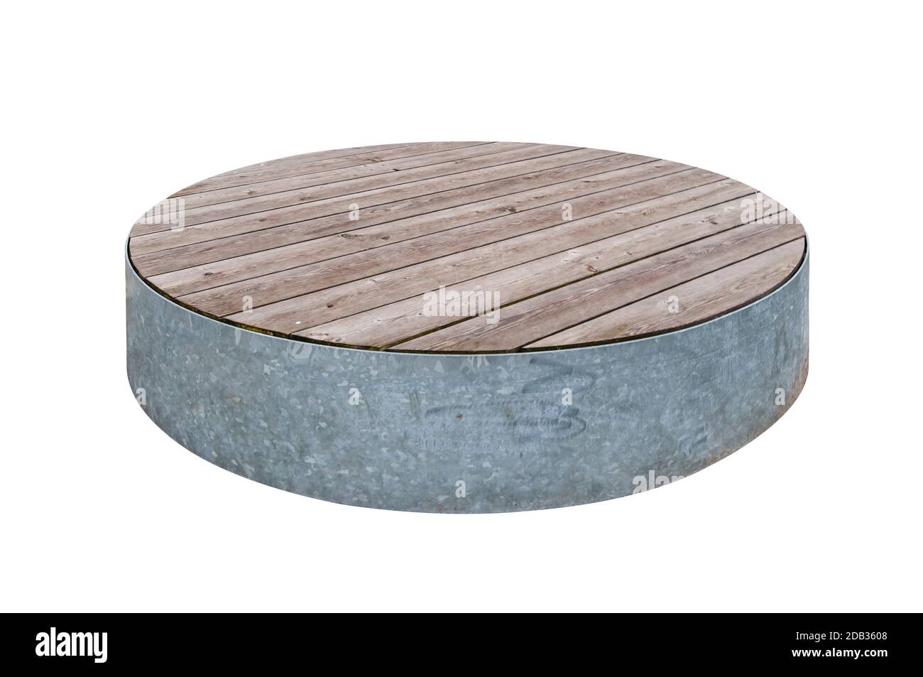 Round pedestal with steel edge and rounded board overlay isolated on ...