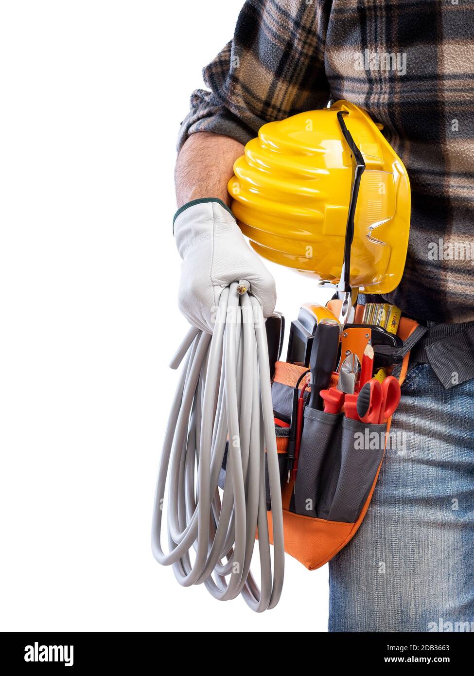 Electrician holds the roll of electric cable in his hand, helmet with ...