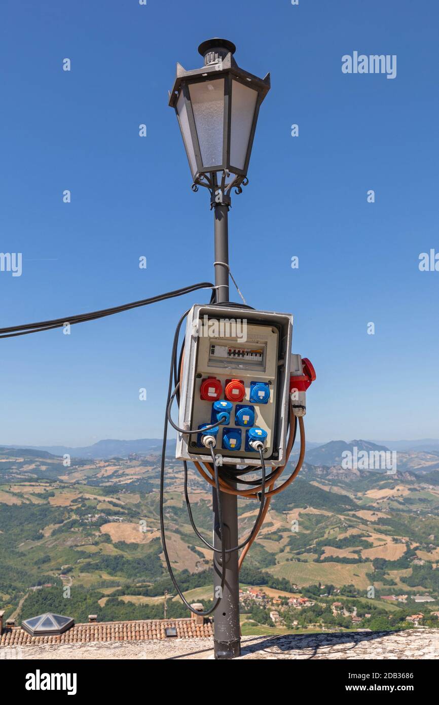 Electric Power Box With Cables and Wires at Light Pole Stock Photo - Alamy
