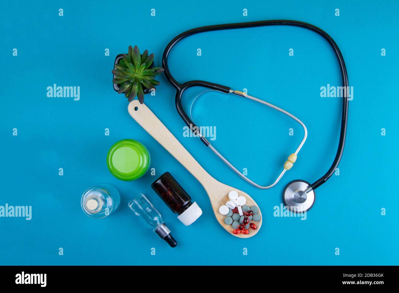 Medicine or pharmacy background. Laboratory table with a various drugs ...
