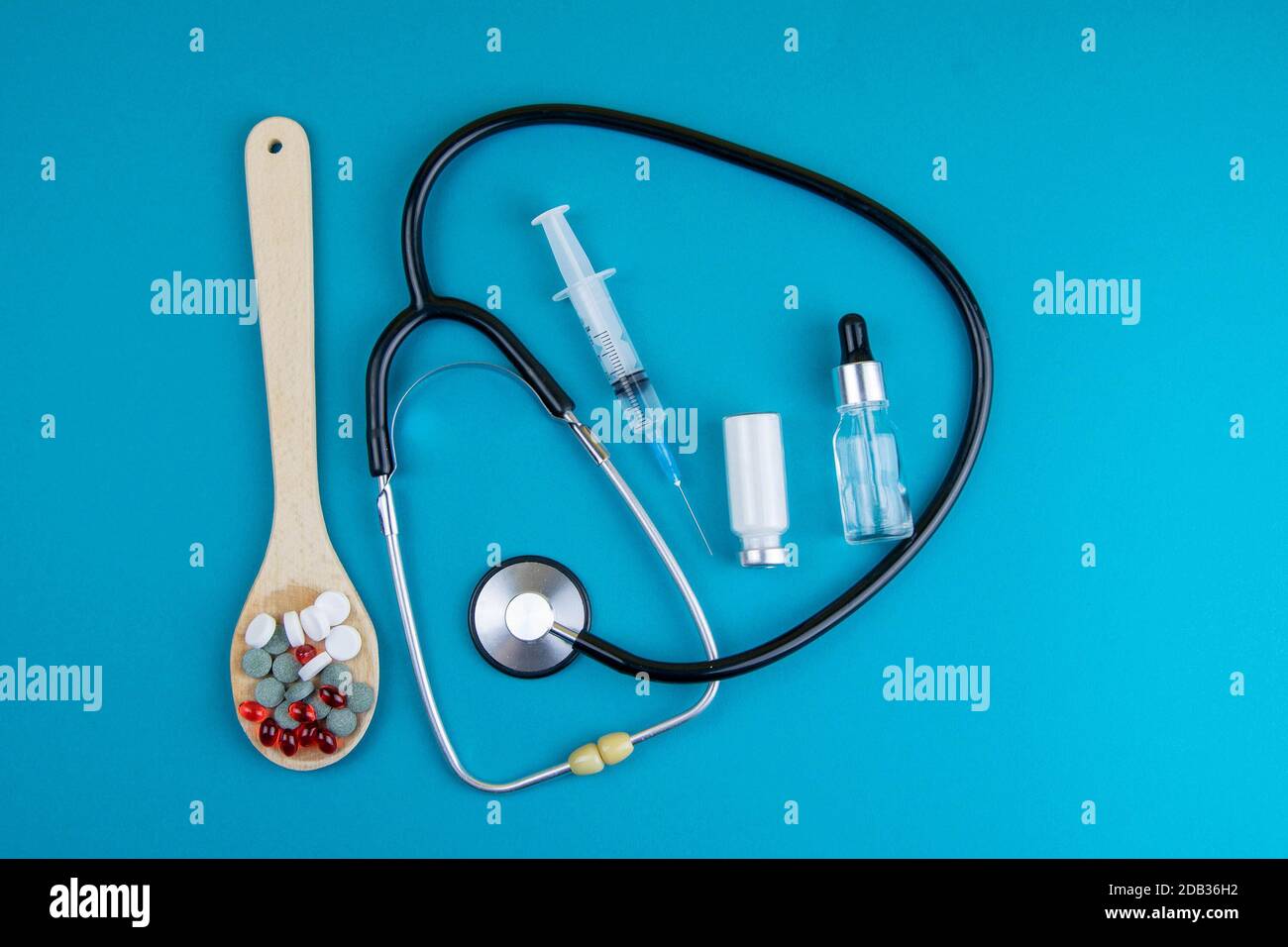 Medicine or pharmacy background. Laboratory table with a various drugs ...