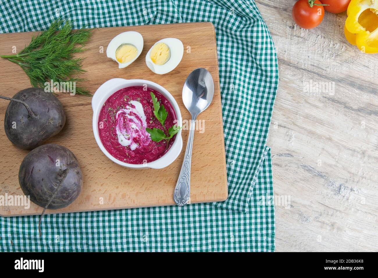 Delicious healthy beetroot salad with egg, cucumber, red and yellow ...