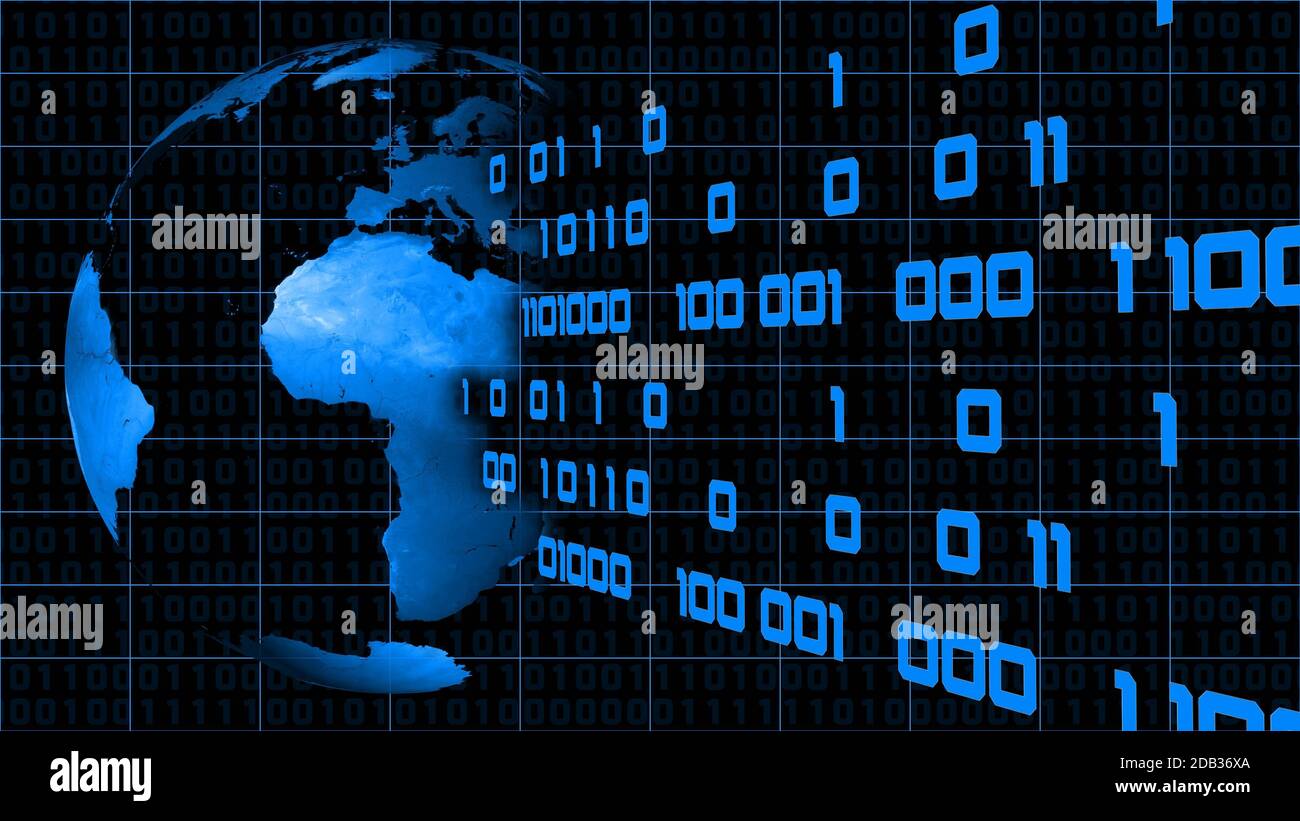 Binary concept background in blue colour - binary code flow away from ...