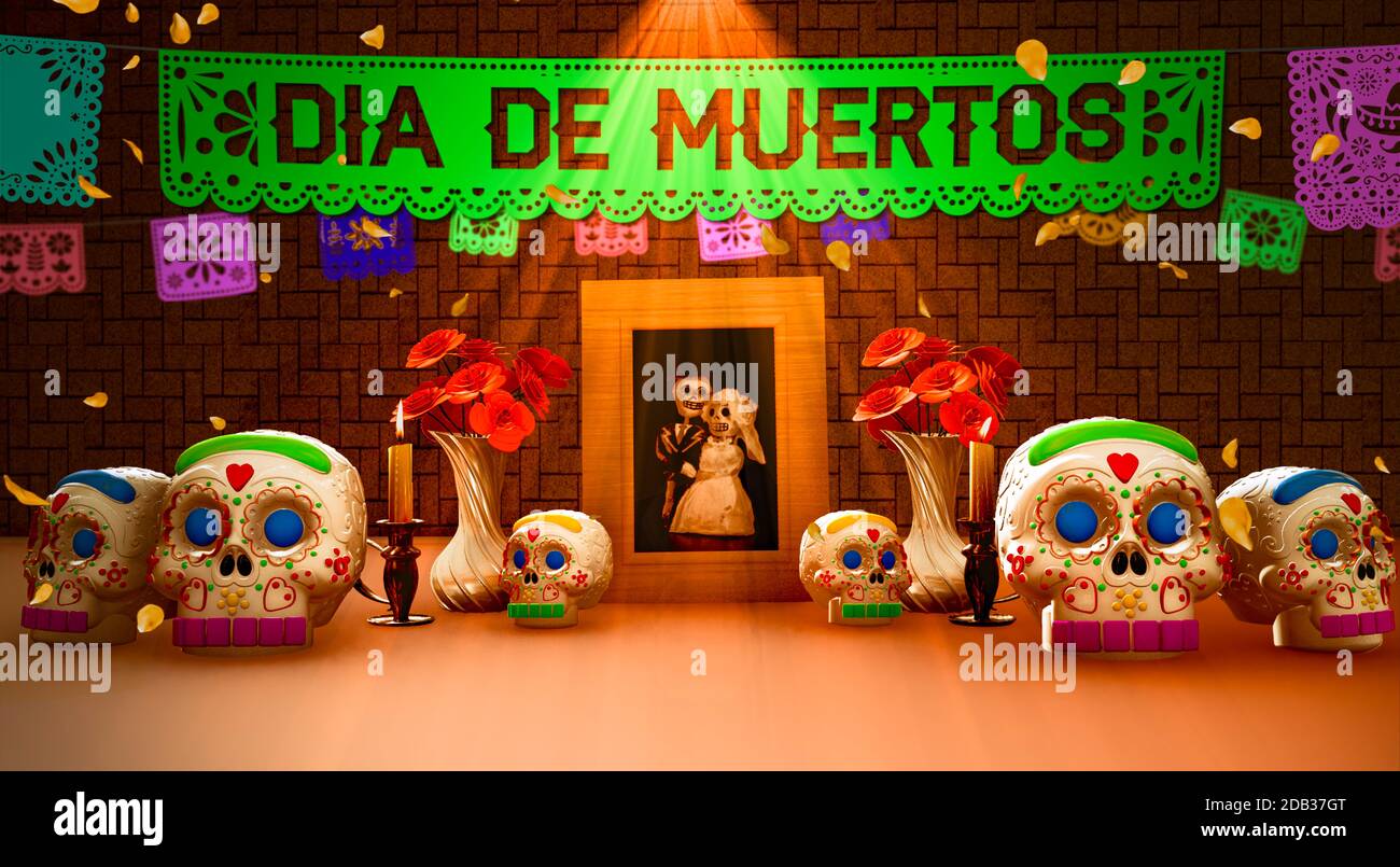 Day of the dead offering, Mexican ofrenda with a picture of a couple ...