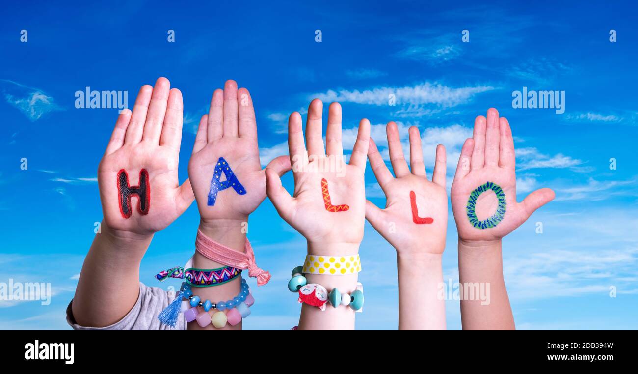 Children Hands Building Colorful German Word Hallo Means Hello. Blue ...