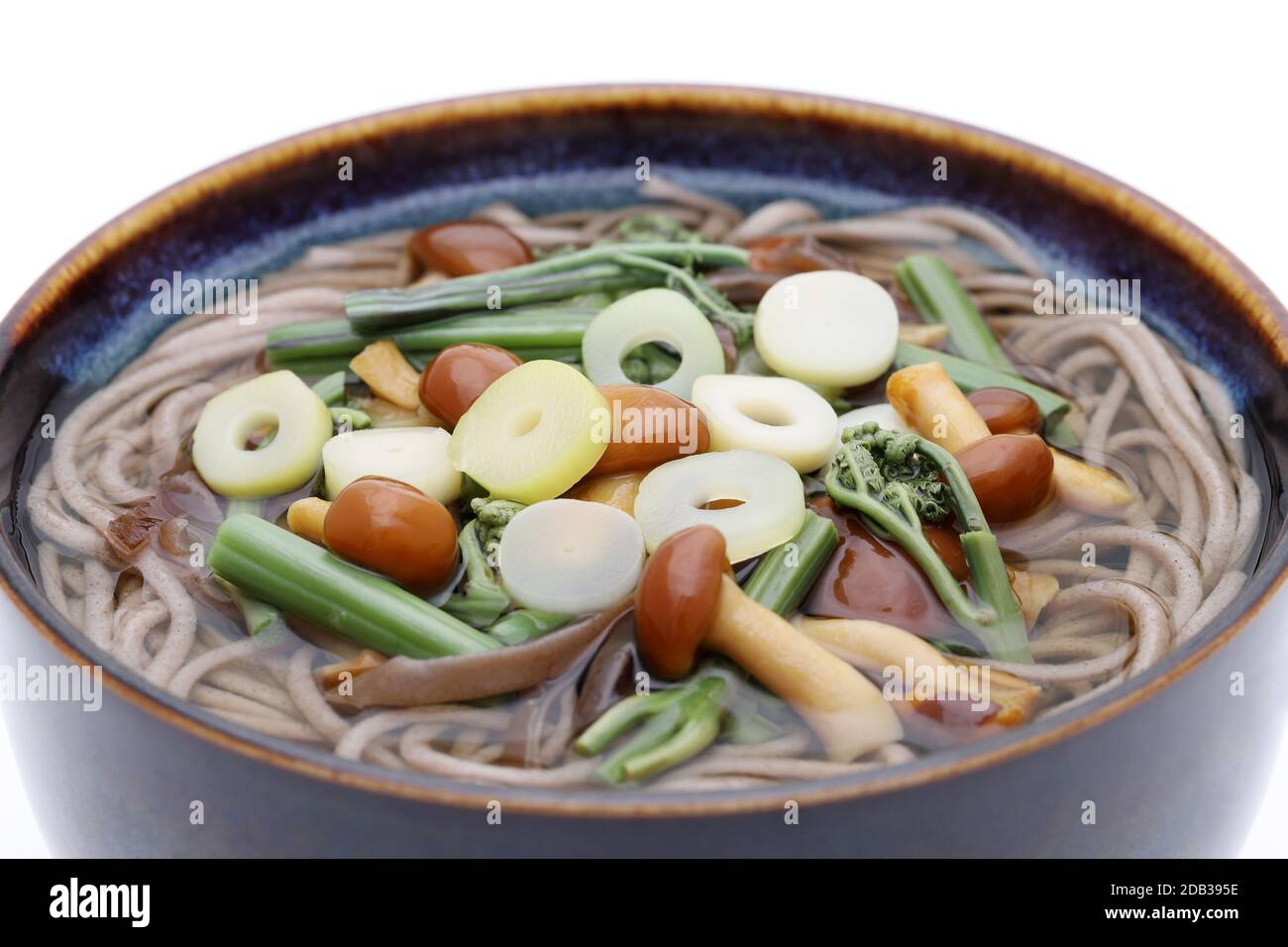 Japanese Sansai soba noodles in a ceramic bowl on white background ...