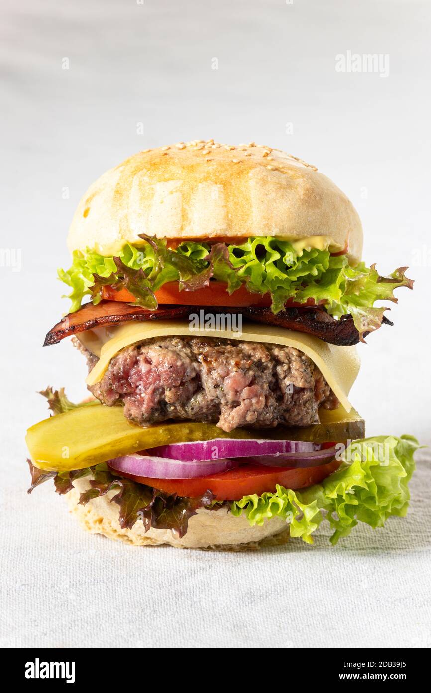 closeup of a single cheeseburger Stock Photo - Alamy