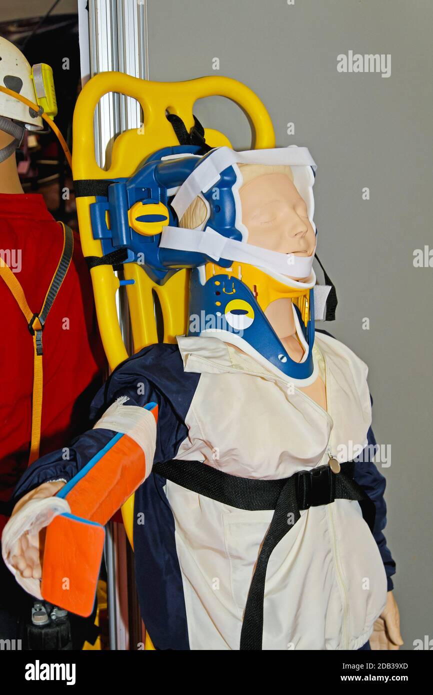 Rescue Training Equipment Mannequin With Broken Hand at Stretcher Stock ...