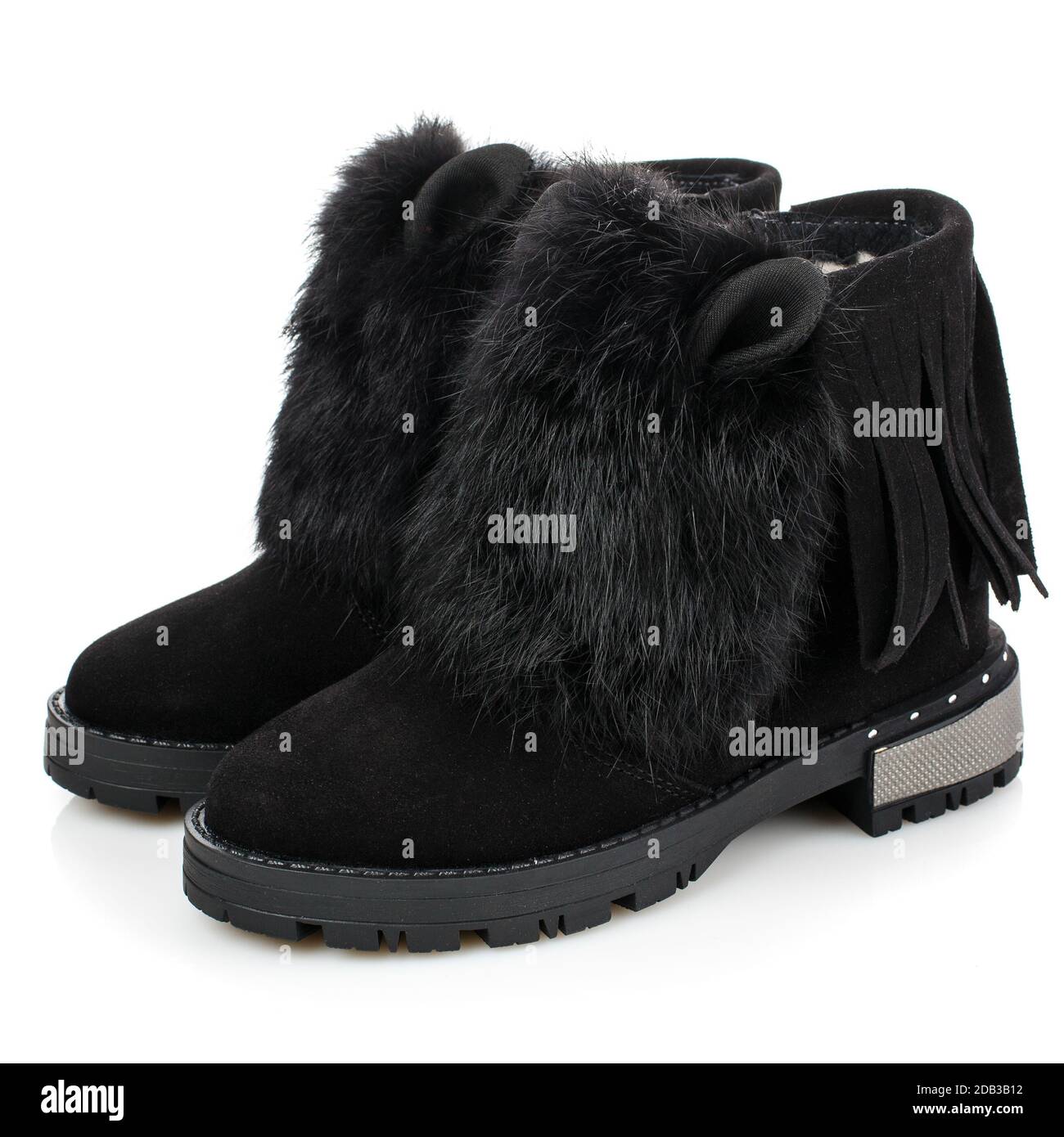 Black suede boots for girls with fur and ears on a white background ...
