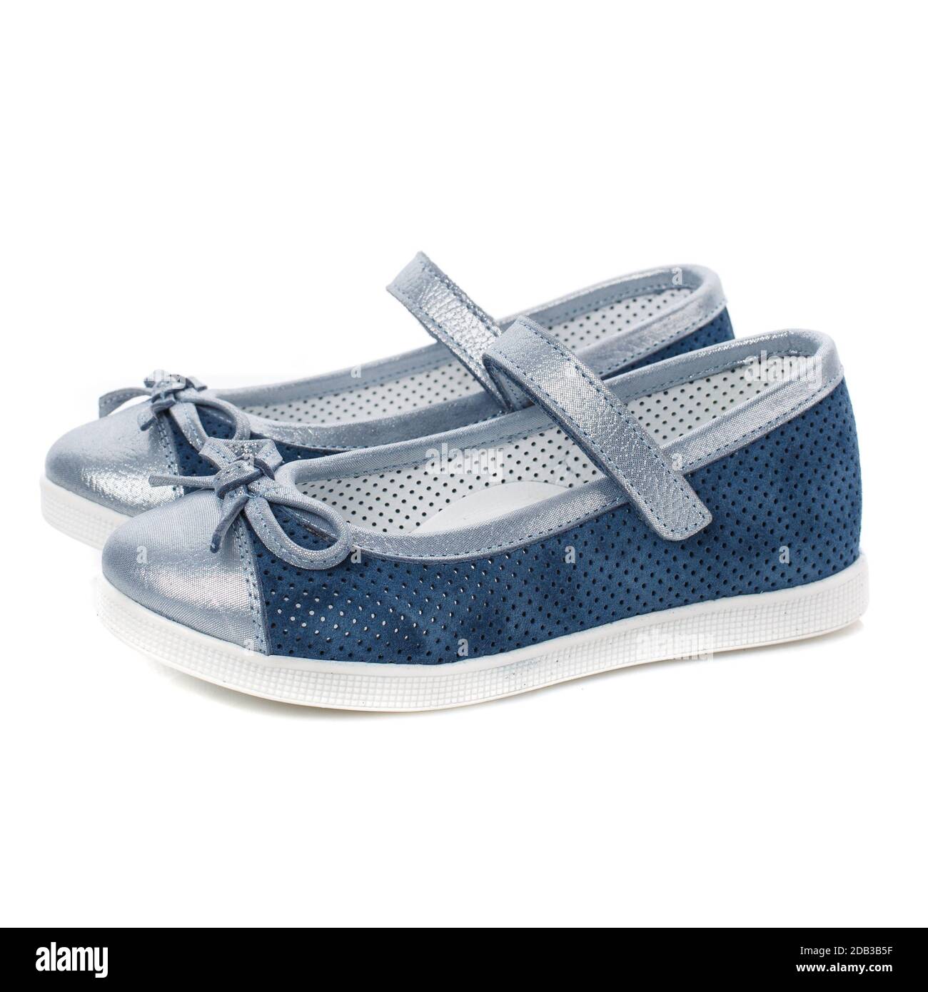 Children's blue shoes for girls with silver inserts and a silver bow on ...