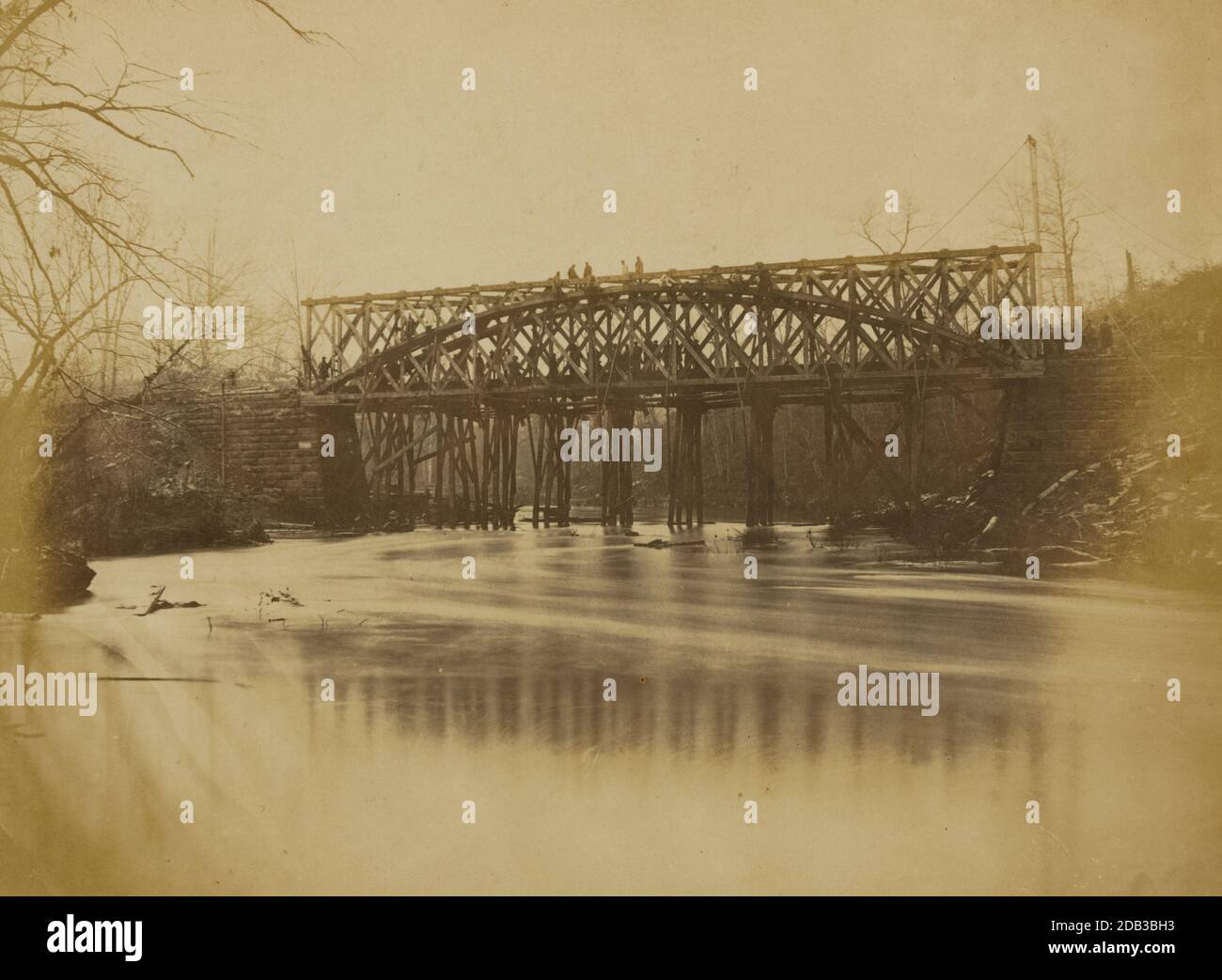 Building military railroad truss bridge across bull run hi-res stock ...